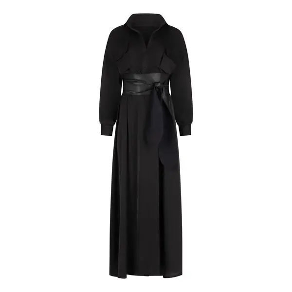 CLOTHES BY LOCKER ROOM Elegant Maxi Shirt Dress With Vegan Leather Belt - Black