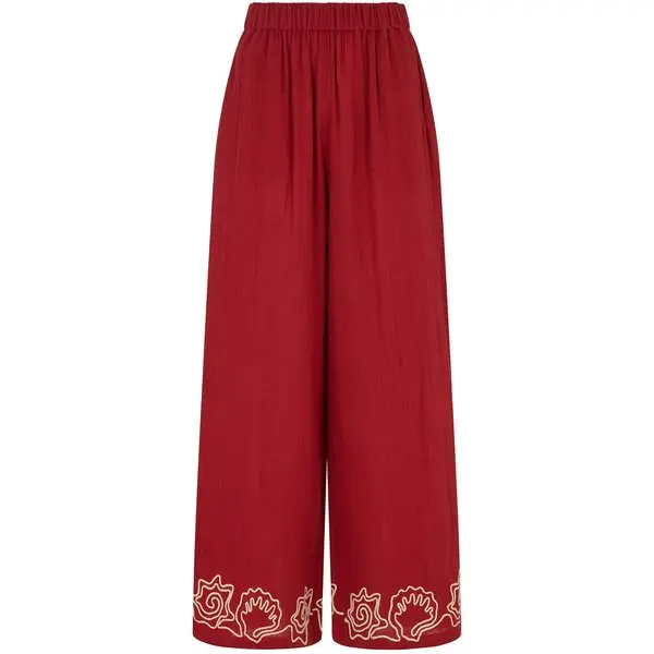 RAFFYA Milly Wide Leg Embroide Trouser In Berry - Red