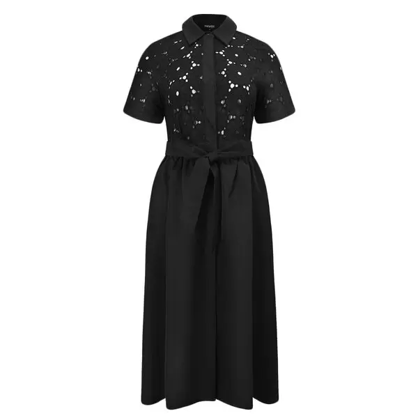 SMART AND JOY Lace And Cotton Shirt Dress With Belt - Black