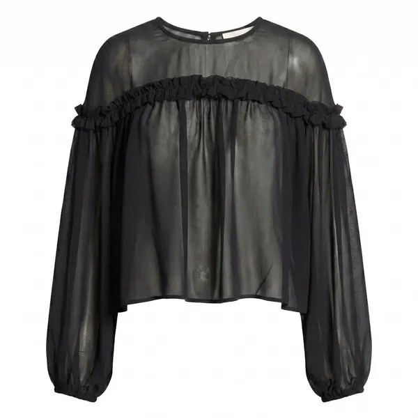 MODENAIRE Sheer Ruffle Blouse Fluid Silhouette - Black
