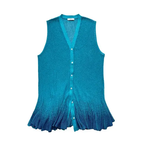 ARTO. Lurex Metallic Flying Knit Ribbed Sleeveless Cardigan Vest - Green