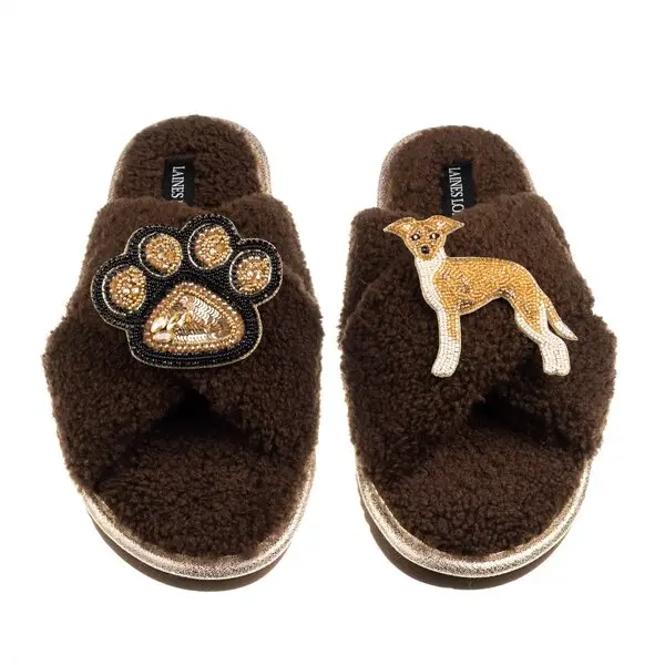 LAINES LONDON Neutrals Boucle Slippers With Paw & Fawn & White Italian Greyhound Brooches Chocolate - Brown