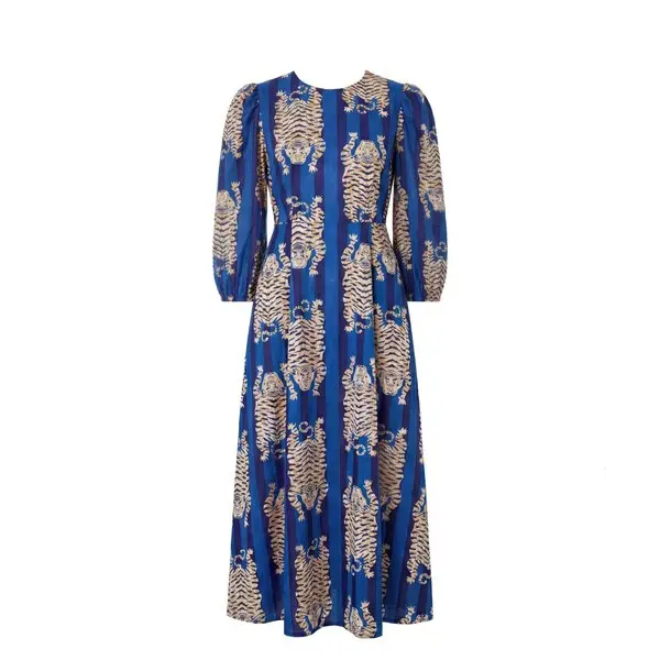 THE WELL WORN The Ada Dress – Sustainable Midi Dress With Tiger Print - Blue