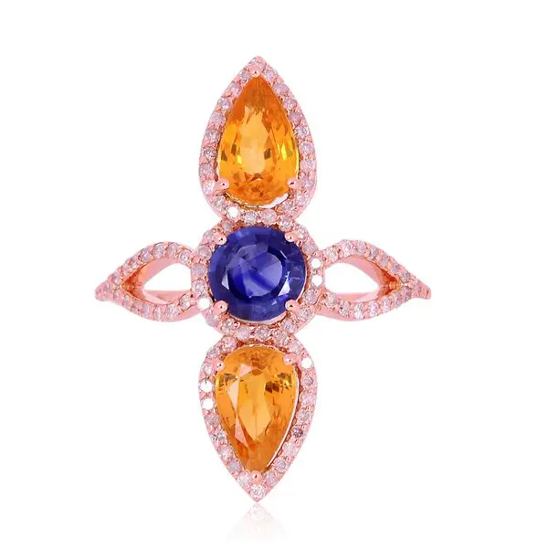 ARTISAN Multicolor Sapphire Floral Ring In 18k Rose Gold With Diamond - Pink