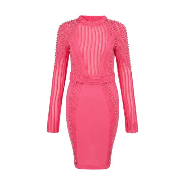 SOUR FIGS Studded Sheer Knit Mini Jumper Dress In Brink - Pink