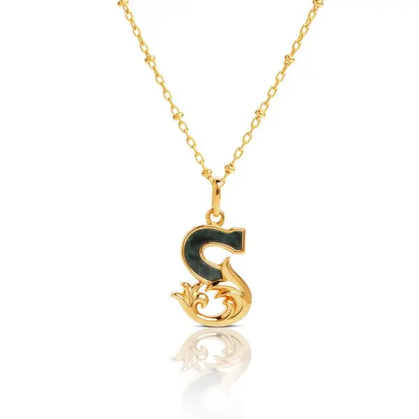 KASUN LONDON Plated S Initial Necklace With Green Marble - Gold