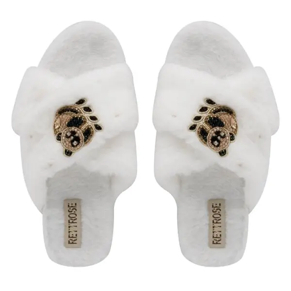 RETTROSE Neutrals Ember Cream Luxury Plush Diamanté Embellished Handmade Slipper - White