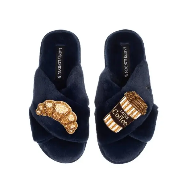LAINES LONDON Classic Slippers With Coffee Cup & Croissant Brooches - Blue