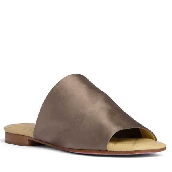 BEAUTIISOLES BY ROBYN SHREIBER Green / Brown April Khaki Comfortable Flat Mule In Dressy Stretch Satin For Beach & Work - Green/brown