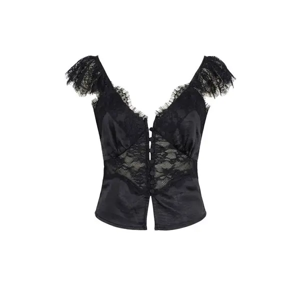 MODENAIRE Lace Trim Satin Corset Top With Flutter Sleeves - Black