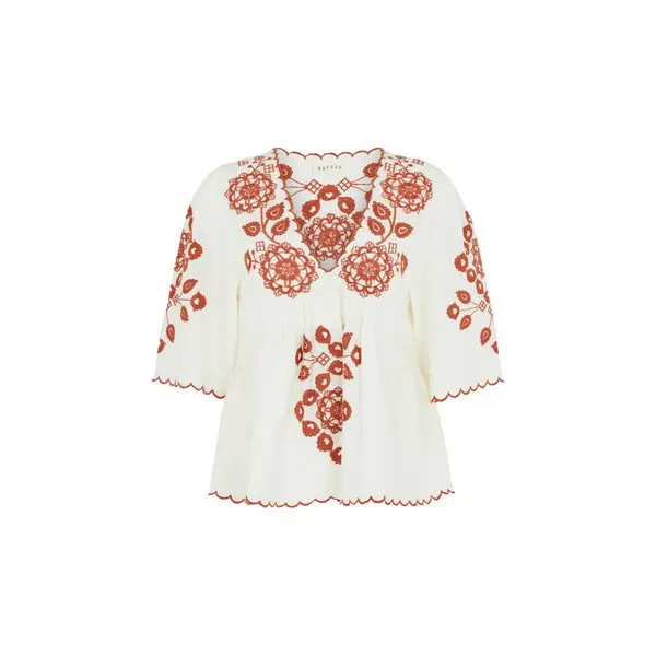 RAFFYA Aubrey White & Linen Blended Embroidered Blouse - Brown