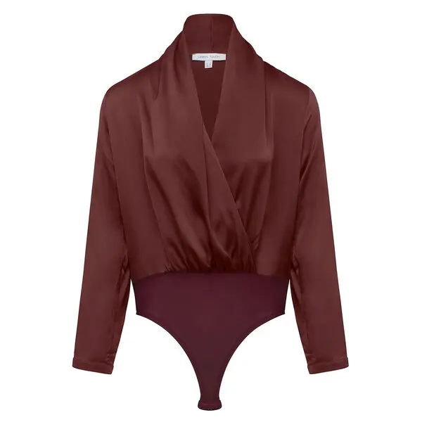 URBAN TOUCH Satin Wrap Front Bodysuit Chocolate - Brown