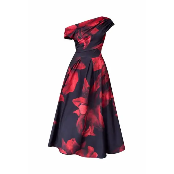 GIRL IN MIND Betty Asymmetric Neckline Skater Midi Floral - Black