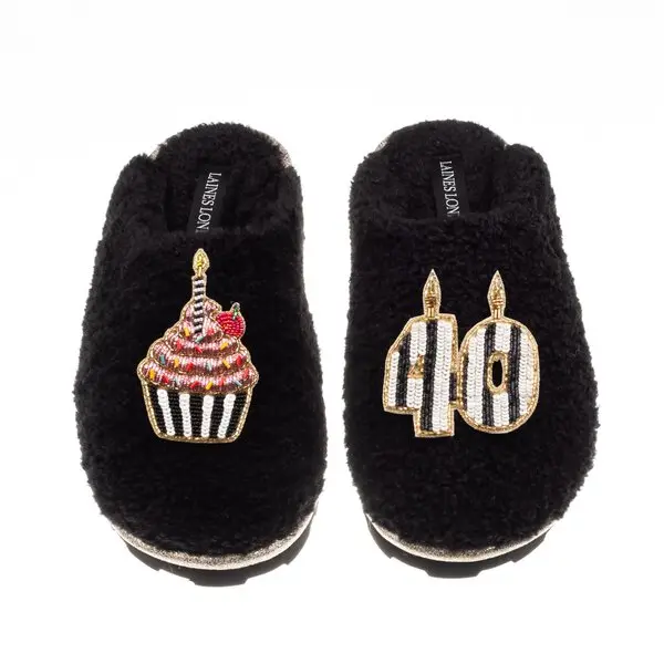 LAINES LONDON Teddy Closed Toe Slippers With Stripe 40th Birthday & Cake Brooches - Black