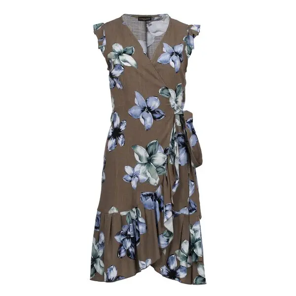 CONQUISTA Floral Wrap Dress With Ruffled Hem Linen-style Viscose - Brown