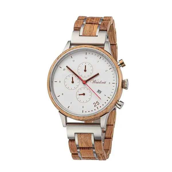 WAIDZEIT White / Brown / Silver Chronograph Barista Bianco Watch With Wooden Strap - White/brown/silver