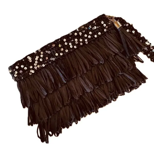 SPRINGMOONATELIER Luxury Star Sequin And Tassel Handmade Raffia Handbag - Black