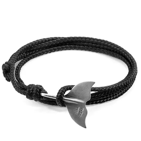 ANCHOR & CREW Think Ocean Big Whale Silver & Rope Bracelet - Black