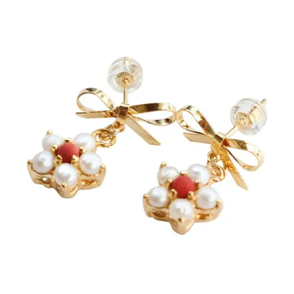 TAYLOR REESE Gold / White / Red Pearl With Red Coral Poinsettia Bow Earring - Gold/white/red