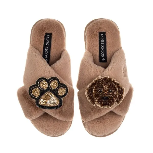 LAINES LONDON Classic Faux Fur Cross Strap Slippers With Paw And Cockapoo Brooches - Brown