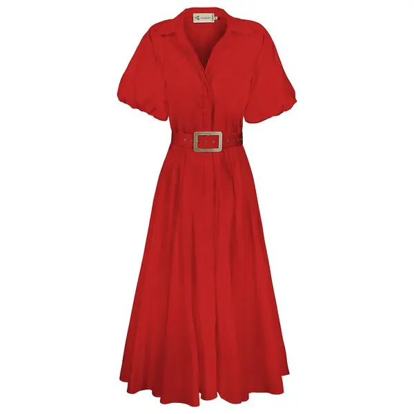 ALINA CERNATESCU Oman Midi Office Cotton Day With Shirt Puff Sleeves Dress - Red