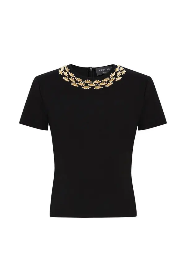EXQUISE Regular Stone Embroidered Abril T-shirt - Black