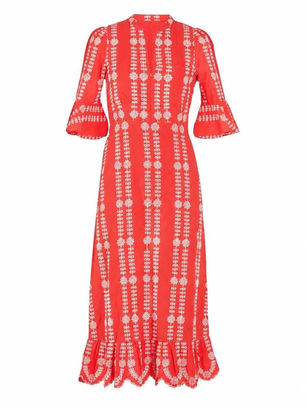ROSE & NANCY Cat Coral Embroide Midi Dress - Red
