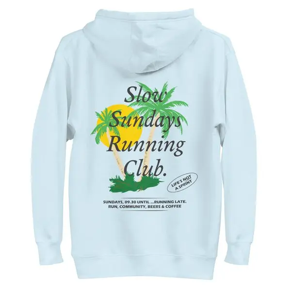ANCHOR & CREW Sky Palm Tree Slow Sundays Running Club Cotton Blend Hoodie - Blue
