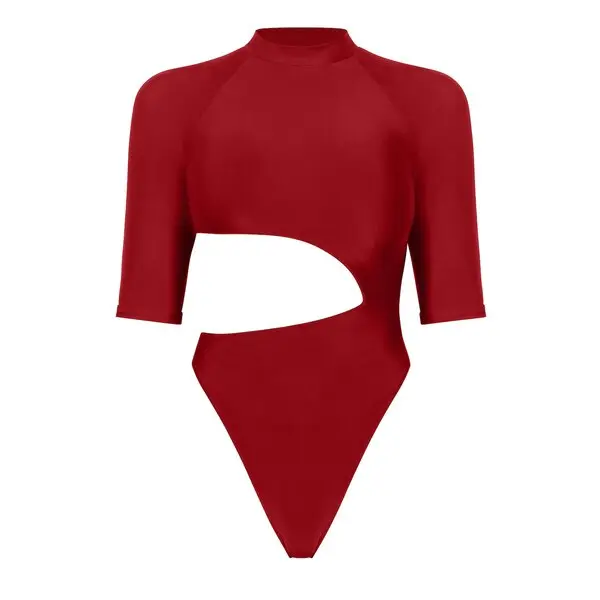 MODA GLAM Side Cut Out Bodysuit- Burgundy - Red
