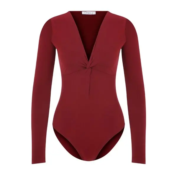 MAAN ISTANBUL V-neck Knot Detail Burgundy Bodysuit Sonnet - Red