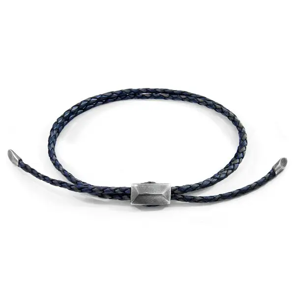 ANCHOR & CREW Indigo Edward Silver & Braided Leather Skinny Bracelet - Blue