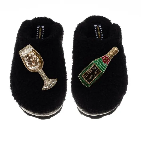 LAINES LONDON Teddy Towelling Closed Toe Slippers With Embellished Bubbles Darling Brooches - Black