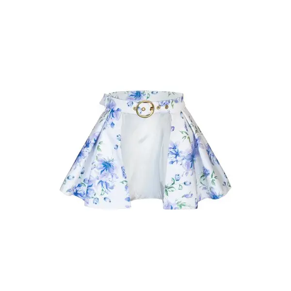 RAINSISTERS White / Blue Peplum Belt In White With Flower Print: Floral White - White/blue