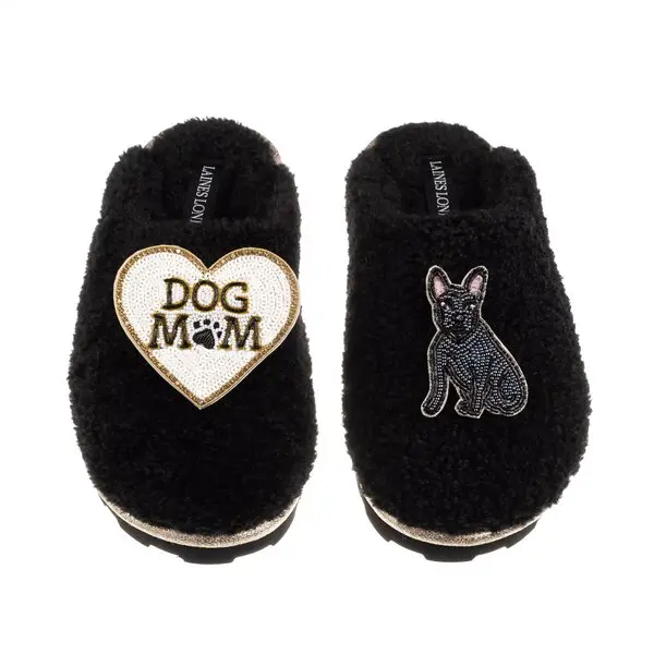 LAINES LONDON Teddy Closed Toe Slippers With Dog Mum/mom & Sitting French Bulldog Brooch - Black