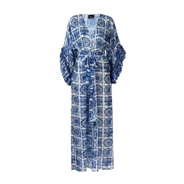 NUR KARAATA Joali Bleu Blanc Kimono - Blue