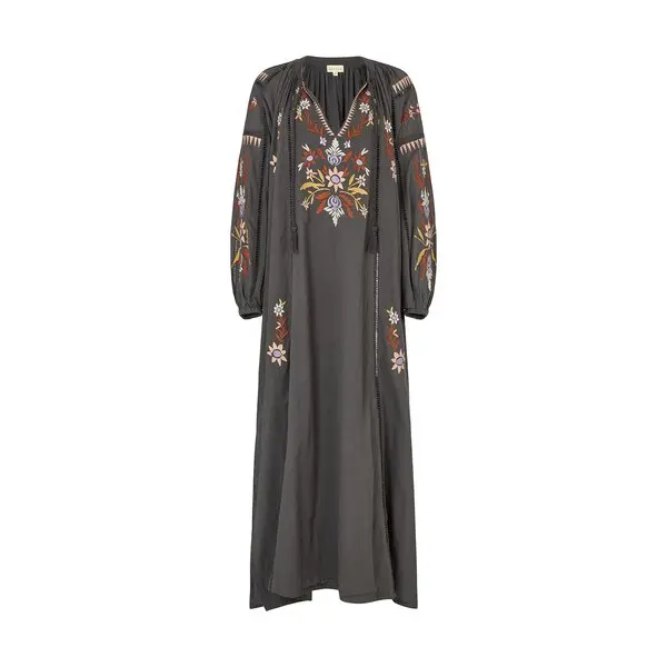 RAFFYA Elisa Kaftan Style Embroidered Maxi Dress - Grey