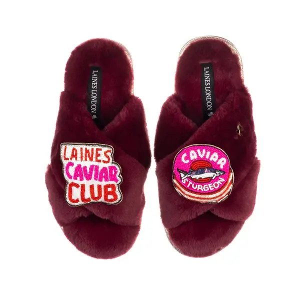 LAINES LONDON Classic Laines Slippers With Laines Caviar Club Brooches Burgundy - Red