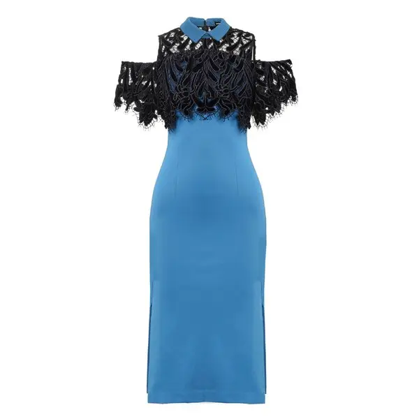 SMART AND JOY Lace On Top Cold Shoulders Fitted Dress - Blue