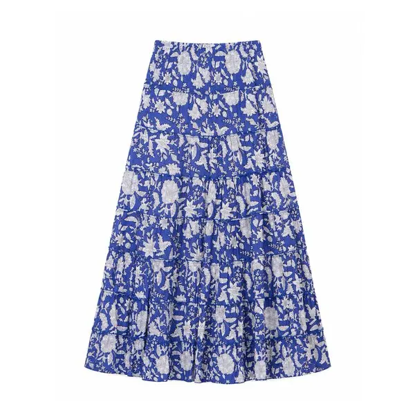 YUMI Floral Cotton Tiered Maxi Skirt - Blue