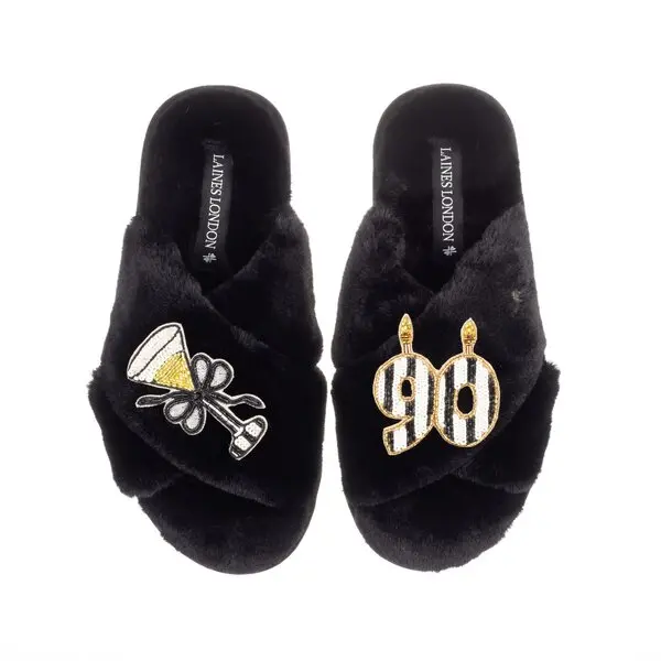 LAINES LONDON Classic Laines Slippers With Stripe 90th Birthday & Glass Of Champagne Brooches - Black