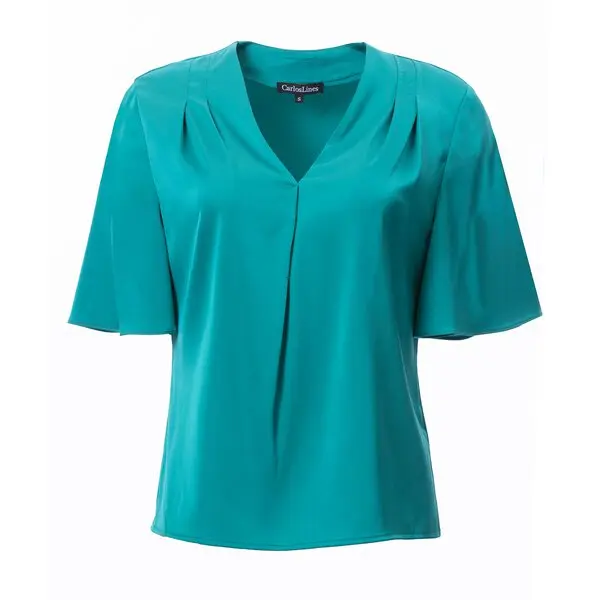 CARLOSLINES V-neck Pleated Flutter Sleeve Blouse