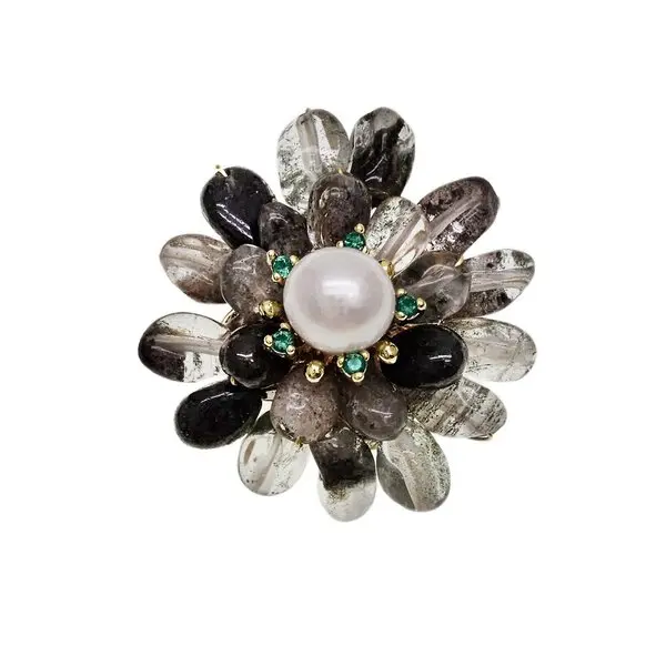 FARRA Phantom Quartz Floral Brooch - Black