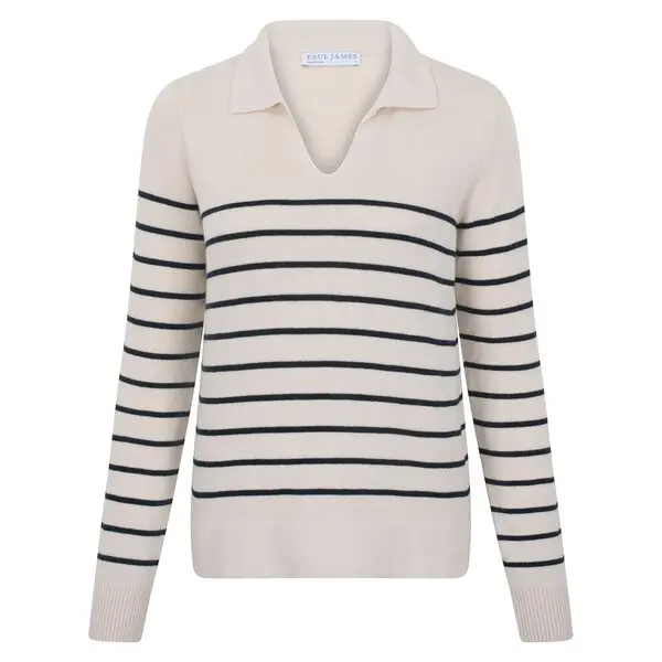 PAUL JAMES KNITWEAR Neutrals Lightweight Cotton Colette Open Collar Breton Top Ecru - Beige