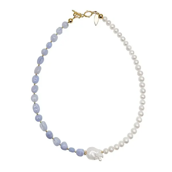 FARRA Blue / White White Freshwater Pearls And Blue Lace Agate Short Necklace - Blue/white