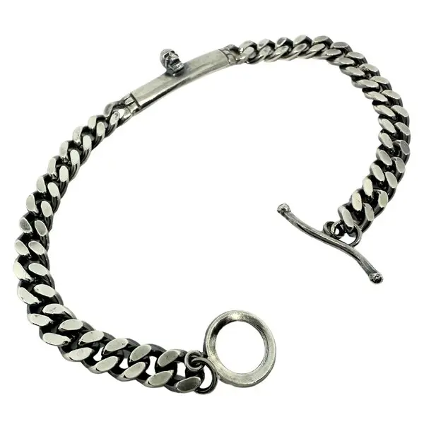 TG-JEWELLERY BY TAMARA GERVASIO Silver / Black ’s Skull Plate Bracelet – Sterling Silver, Handmade Curb Chain, T-bar Clasp - Silver/black