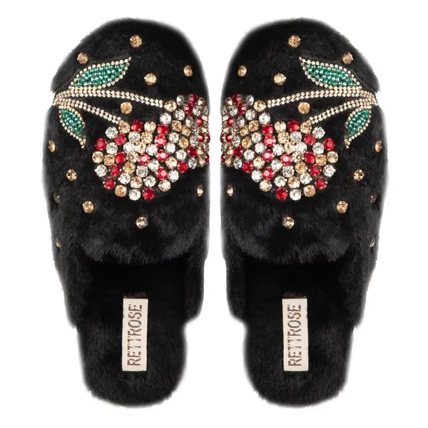 RETTROSE Georgie Luxury Plush Diamanté Embellished Handmade Slipper - Black