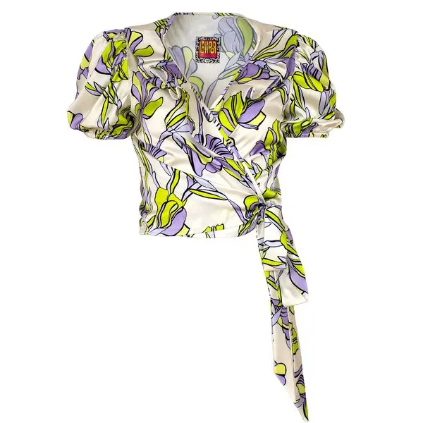 LALIPOP DESIGN Floral Pattern Double-breasted Satin Blouse - Purple