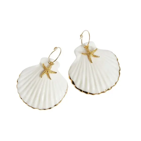 POPORCELAIN White / Gold Golden Edge Clam Shell With Starfish Hoop Earrings - White/gold