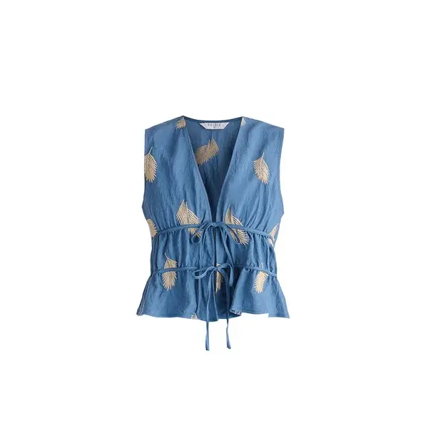 PAISIE Leaf Embroidered Tie Front Waistcoat - Blue