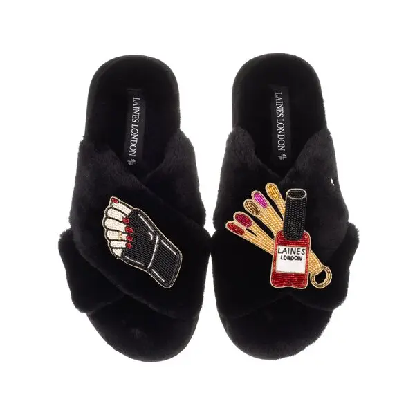 LAINES LONDON Classic Laines Slippers With Sand Nail Tech Brooches - Black